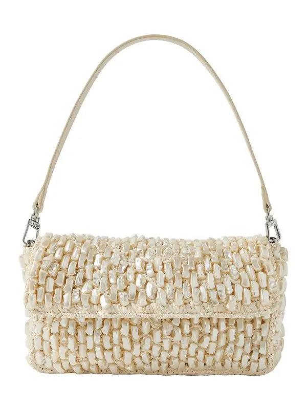 Staud Timmy Leather-trimmed Faux Pearl-embellished Raffia Shoulder Bag - Cream