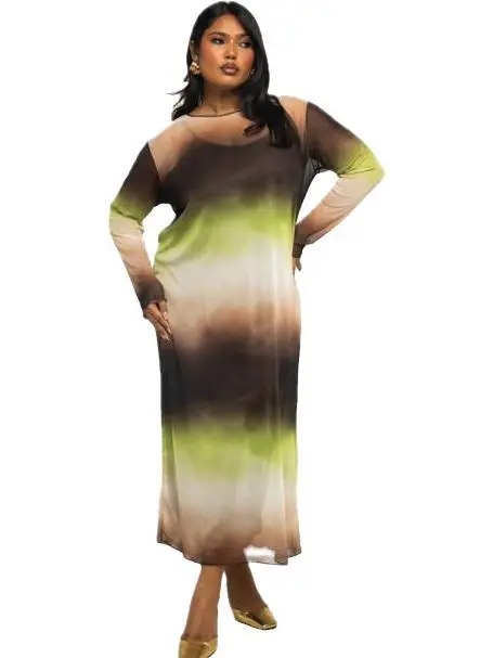 FASHION-SZN CURVE Ombre Print Midi Dress - Brown