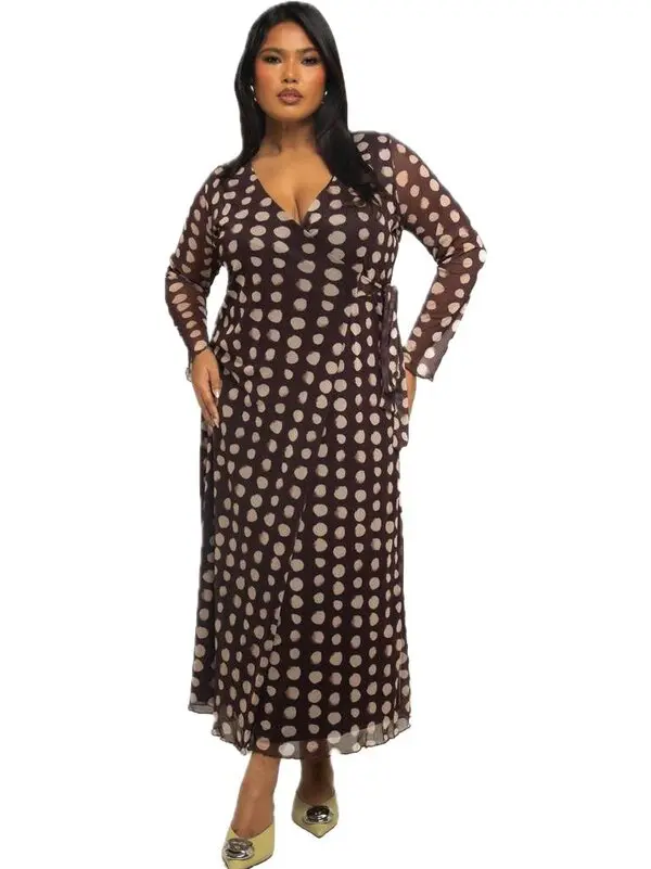 FASHION-SZN CURVE Polka Dot Mesh Midaxi Dress - Brown