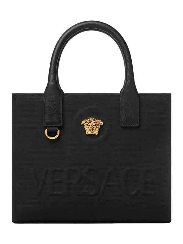 Versace La Medusa Mini Canvas Tote With Leather Accents - Black+gold