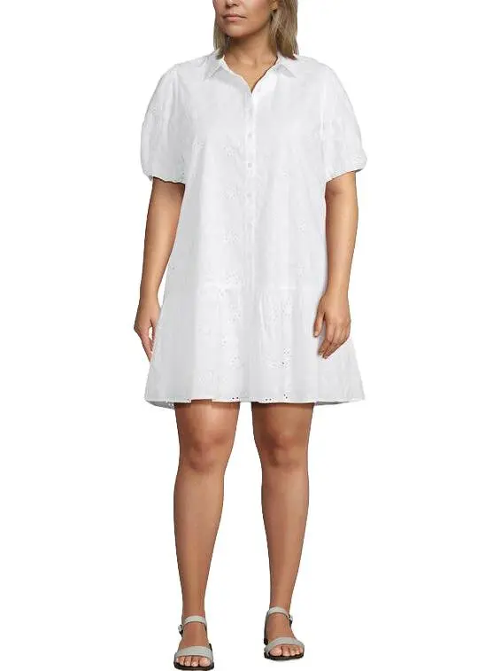 LANDS' END Elbow Sleeve Eyelet Shirt Dress - White Floral Eyelet