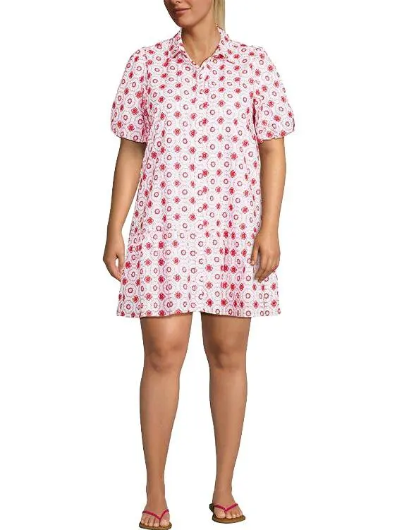 LANDS' END Elbow Sleeve Eyelet Shirt Dress - White/poppy Mosaic Eyelet
