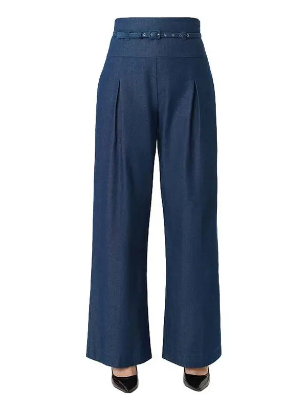 Unique Vintage Wide Leg Pleated Pants - Blue Denim