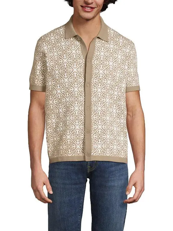 LANDS' END Short Sleeve Tile Jacquard Button Down Sweater Polo - Khaki /vanilla Tile