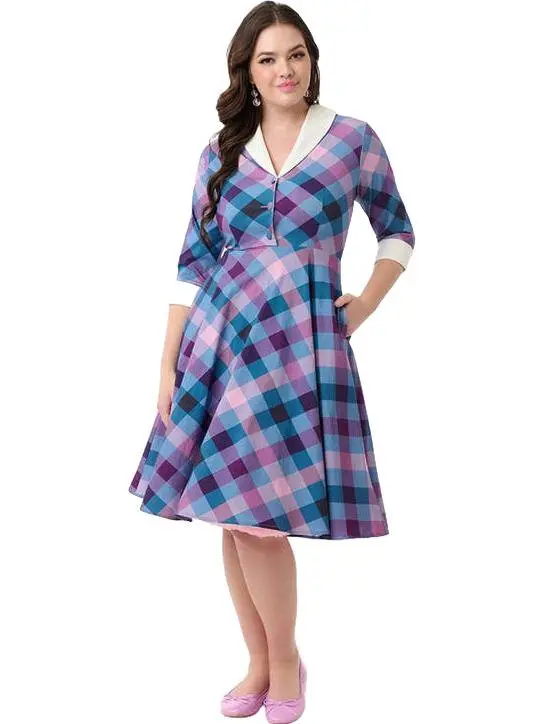 Unique Vintage 1950s Style Shirt Dress - Purple/blue Madras Plaid