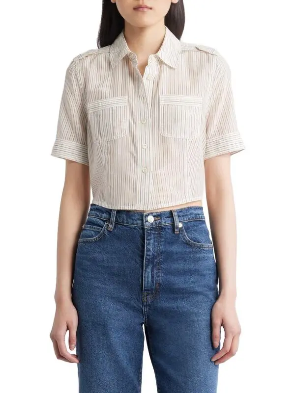 FRAME The Stripe Cotton & Silk Utility Shirt - Cream Multi