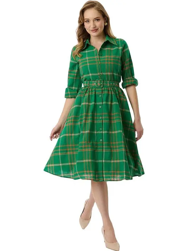Unique Vintage Long Sleeve Belted Shirt Dress - Green Plaid