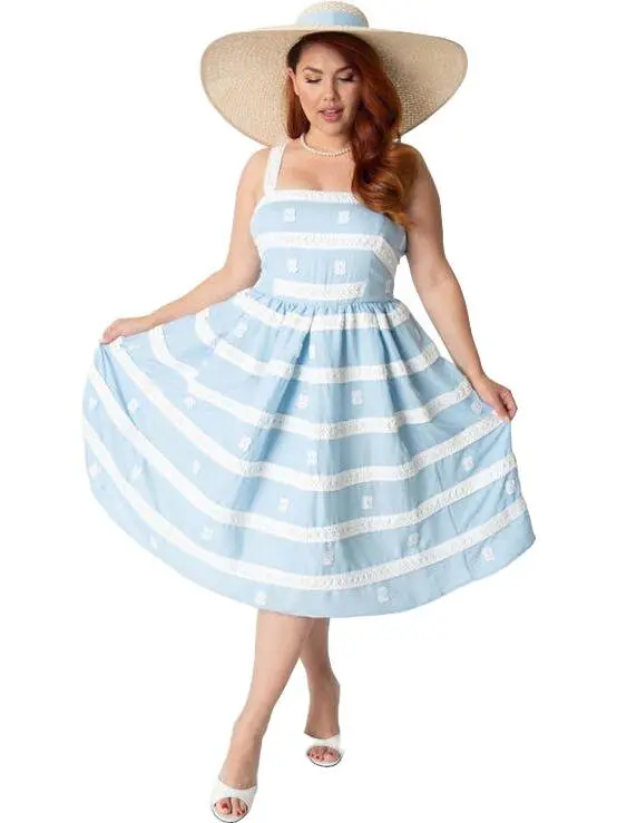 Unique Vintage 1960s Embroidered Swing Sundress - Light Blue/white Stripes