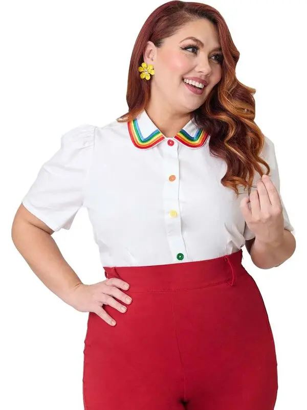 Unique Vintage 1940s Collared Blouse - White W/rainbow Details