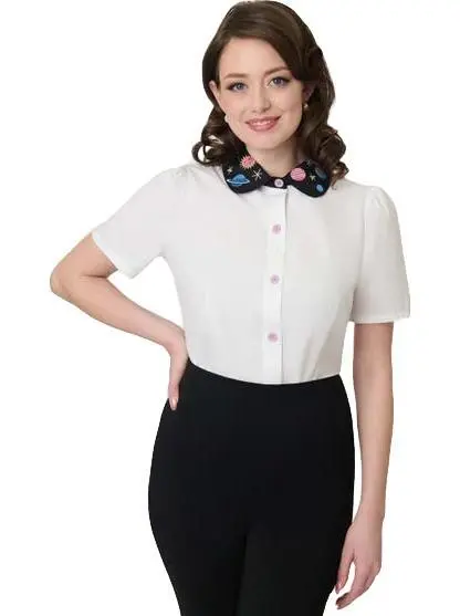 Unique Vintage 1940s Collared Blouse - White W/black Collar