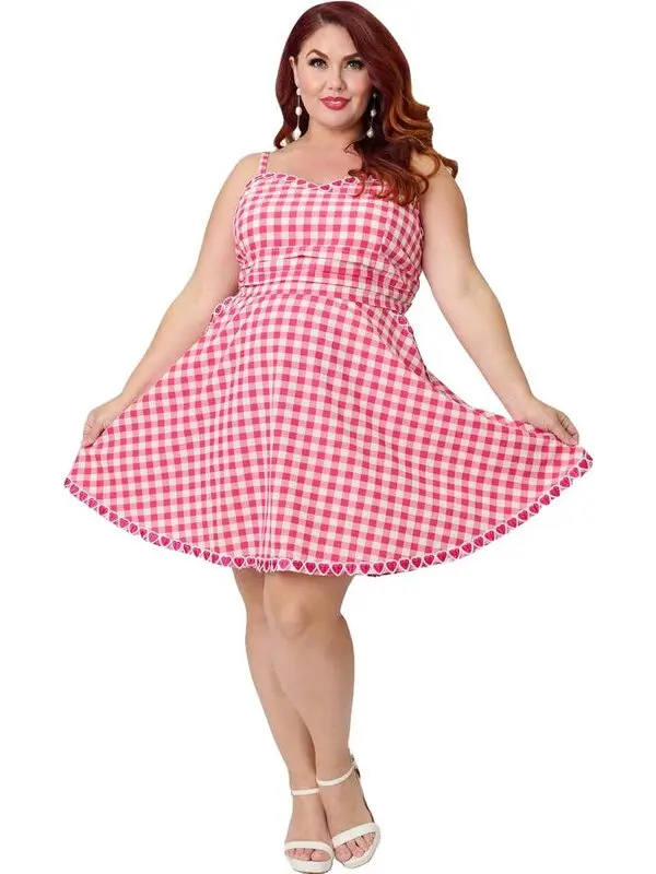Unique Vintage 1950s Sleeveless Flare Dress - Pink Gingham W/hearts