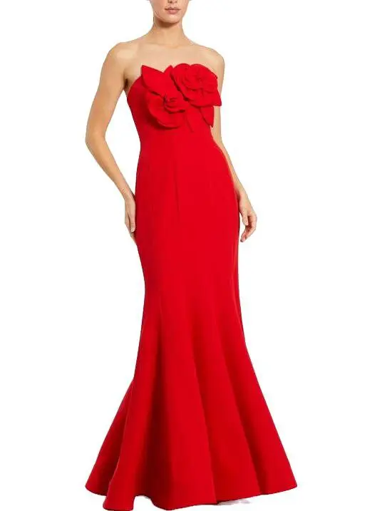 Mac Duggal Crepe Strapless Mermaid Gown With 3d Flowers - Red