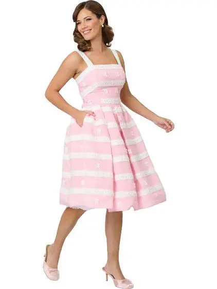 Unique Vintage 1960s Embroidered Swing Sundress - Pink W/white Stripe
