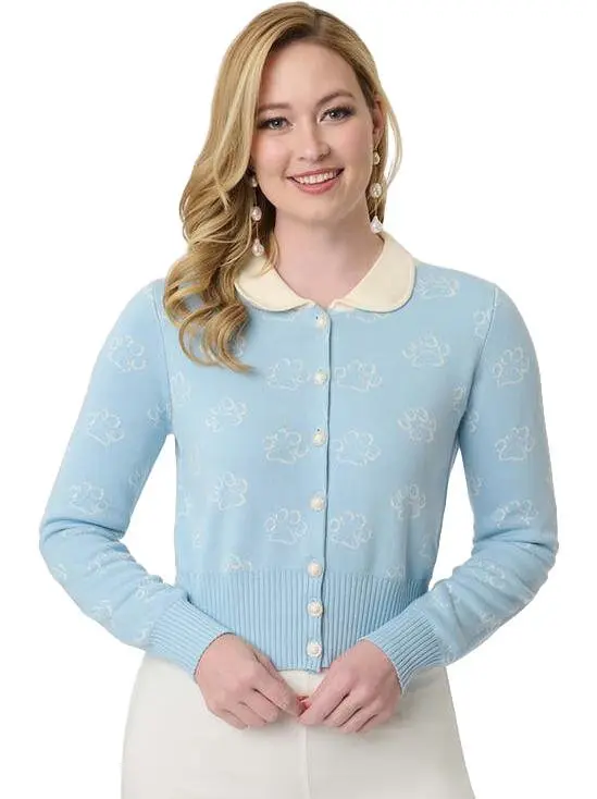 Unique Vintage Collared Knit Cardigan - Light Blue