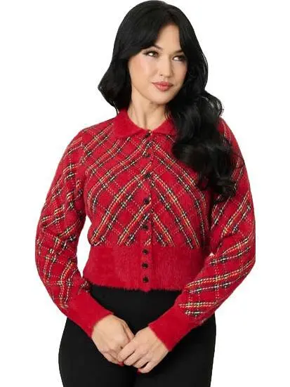 Unique Vintage Collared Knit Cardigan - Red Plaid