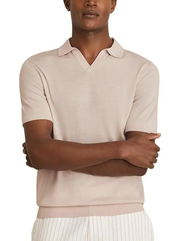 REISS Duchie Merino Wool Open Collar Polo - Beige