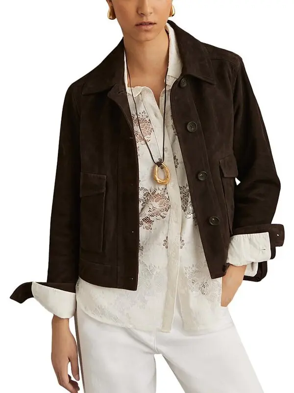 REISS Suede Trucker Jacket - Chocolate