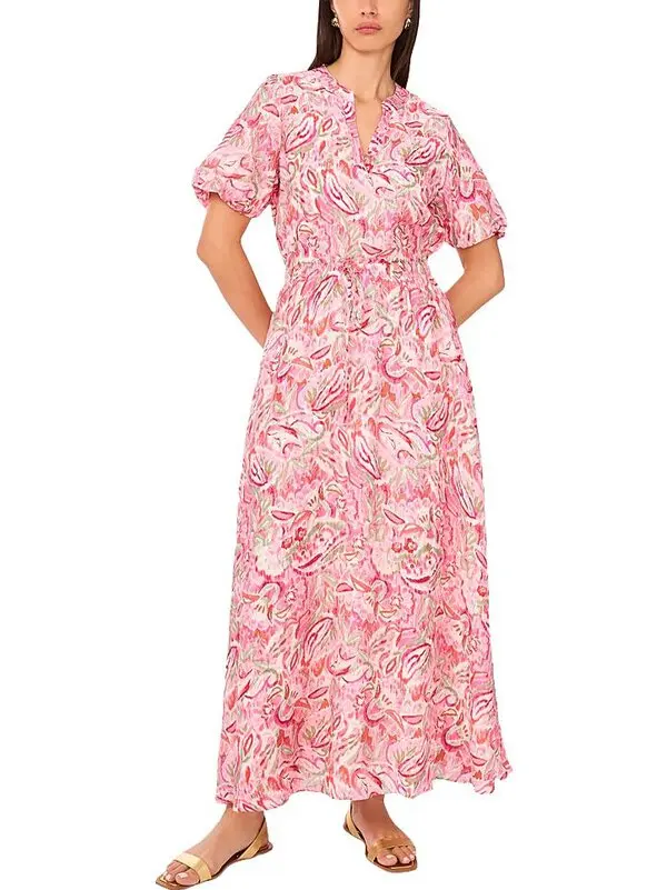 Vince Camuto Printed Split Neck Puff Sleeve Dress - Flamingopi
