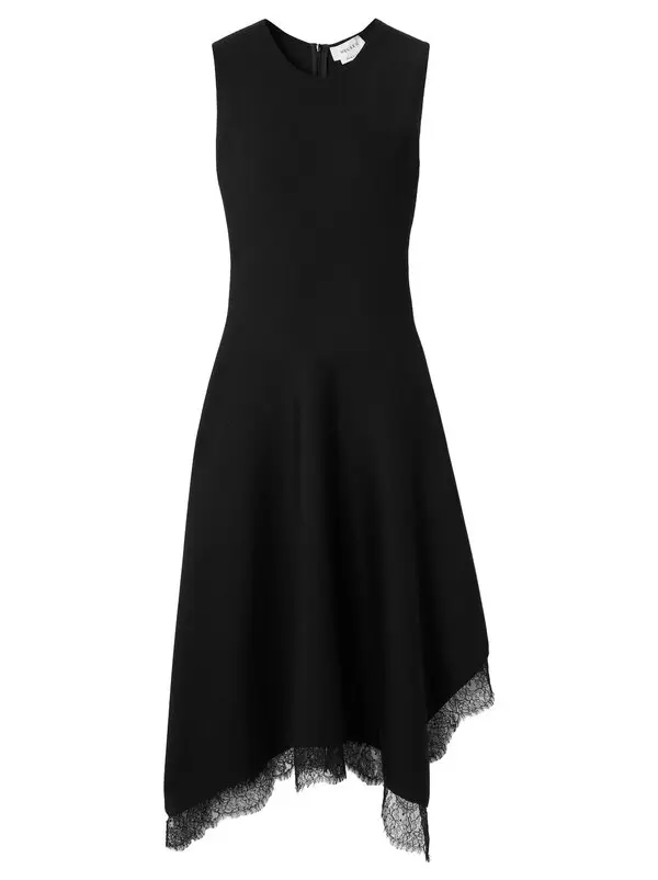 Alexander McQueen Asymmetric Lace-trimmed Woven Midi Dress - Black