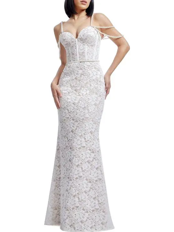 Dress The Population Antoinette Faux Pearl Lace Mermaid Gown - White-beige