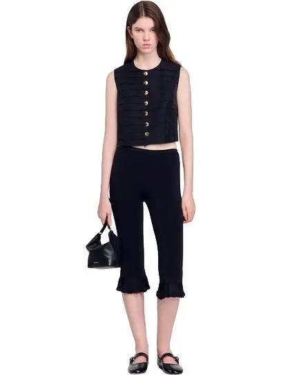 Sandro Pleated Crop Top With Gold Buttons - Black