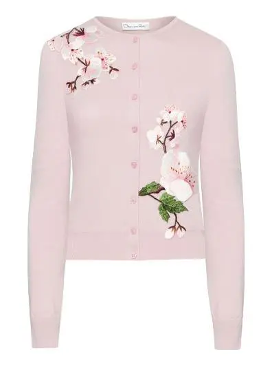 Oscar De La Renta Cherry Blossom Threadwork Wool Cardigan - Natural