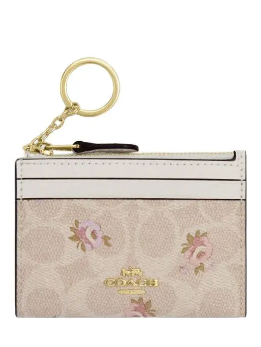 COACH® Mini Skinny Id Case In Signature Canvas With Floral Print - Gold/sand Multi