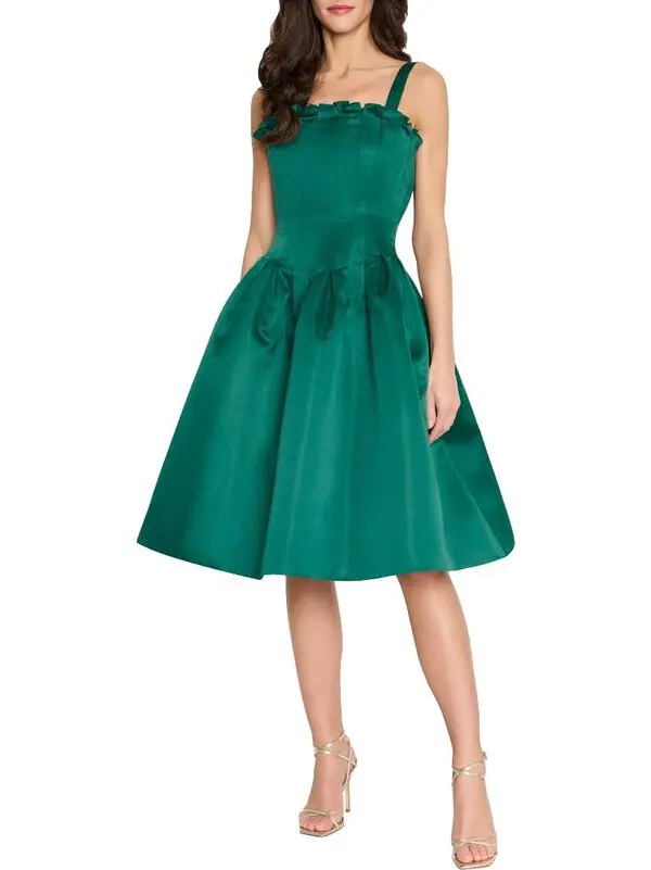 TAHARI ASL Ruffle Pleated Fit & Flare Cocktail Dress - Jewel Green