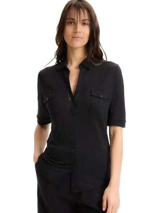 Majestic Filatures Stretch Linen 3/4 Sleeve Pocket Shirt - Noir