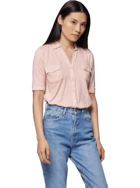 Majestic Filatures Stretch Linen 3/4 Sleeve Pocket Shirt - Poudre