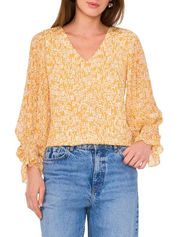 Vince Camuto Printed V-neck Ruffle Cuff Top - Golden Spice