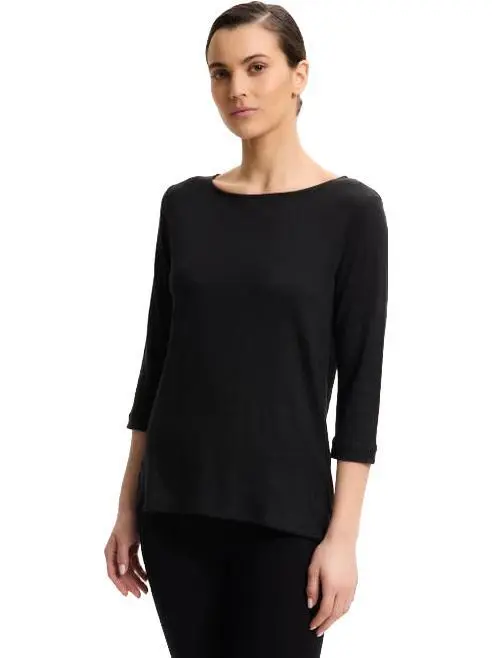 Majestic Filatures Stretch Linen Three-quarter Sleeve Boatneck T-shirt - Noir