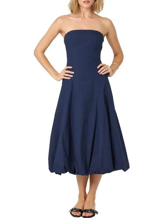 Astr The Label Strapless Bubble Hem Cotton Poplin Midi Dress - Navy