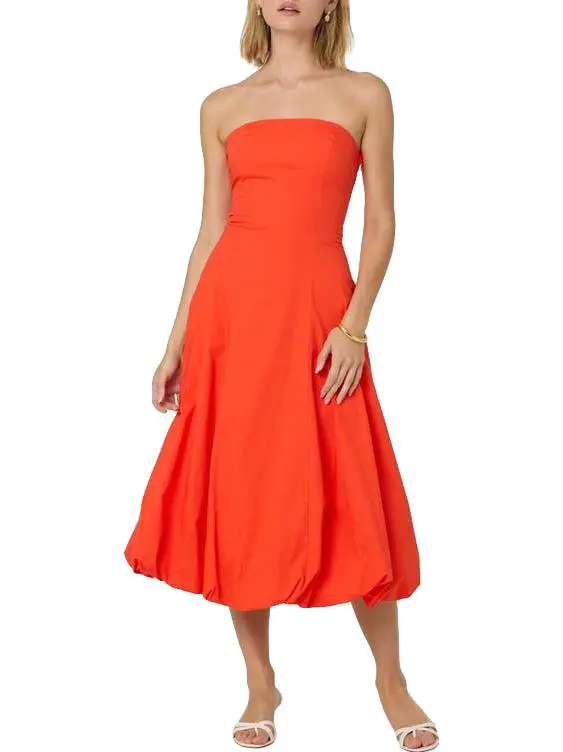 Astr The Label Strapless Bubble Hem Cotton Poplin Midi Dress - Tangerine