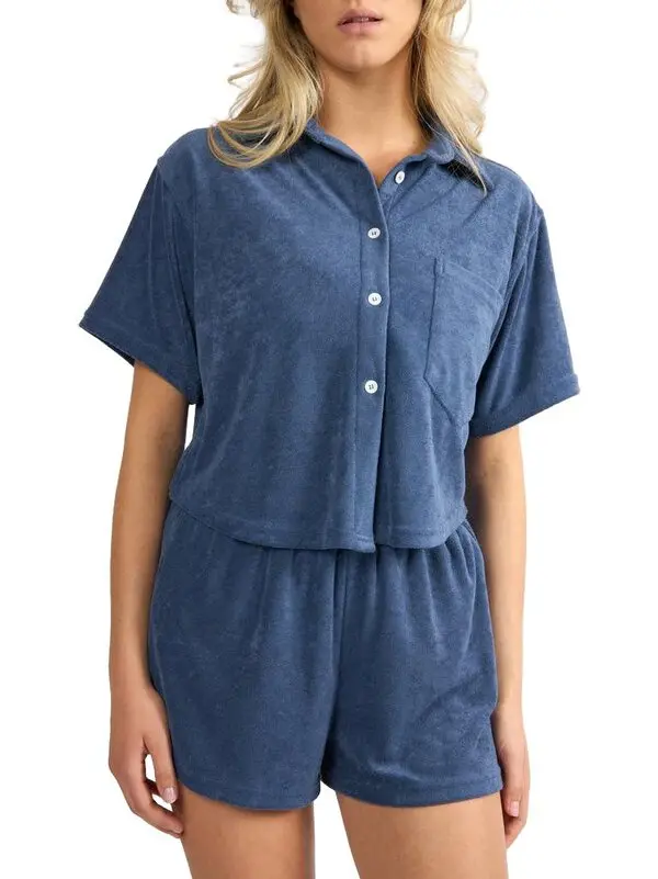 VIENS AVEC MOI Terry Button-up Shirt - Navy