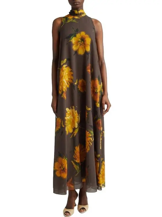 Lela Rose Floral Print Tie Neck Maxi Dress - Chocolate Multi