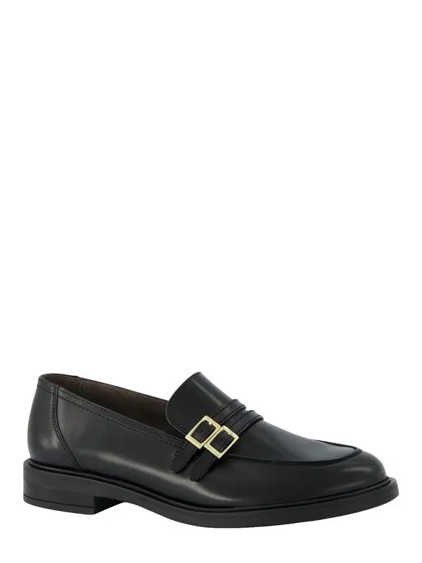 Paul Green Leather Loafer With Buckle Detail - Black Brushed Leather