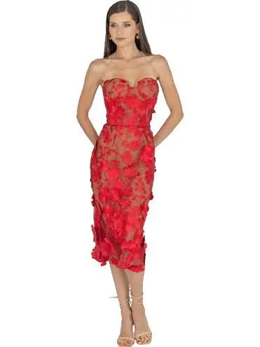 AKALIA Anni Floral Embroidered Strapless Midi Dress - Red