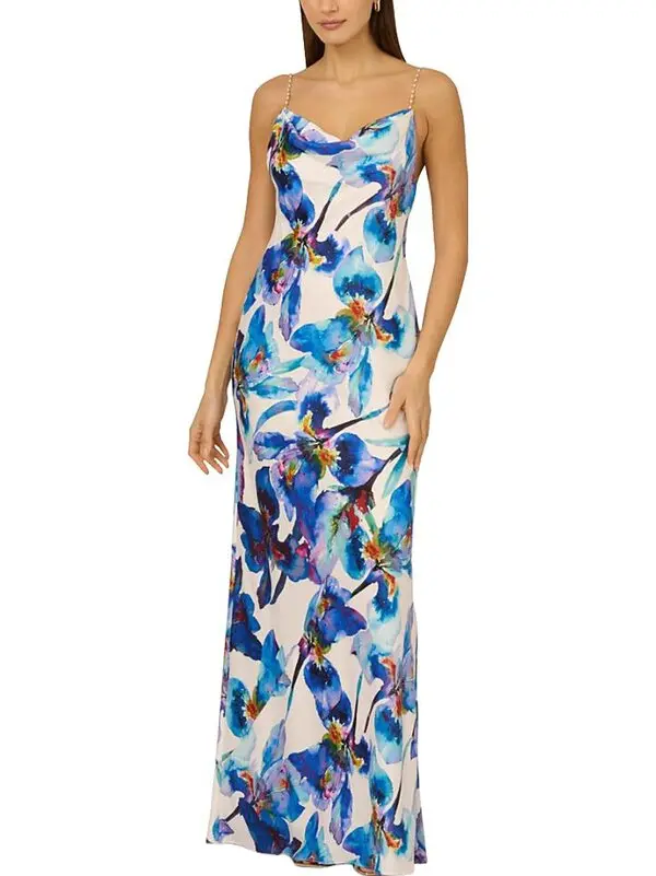 Adrianna Papell Printed Satin Slip Dress - Blue/ivory Multi