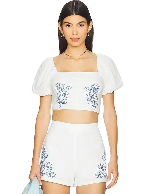 Minkpink Sonnet Embroidered Top - White & Blue