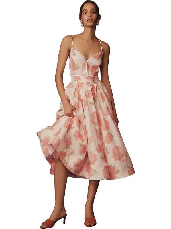 Bhldn Sophie Linen Fit & Flare Midi Dress - Pink Combo