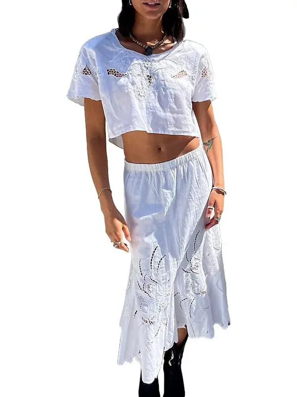 MADLY VINTAGE Reworked Cotton Embroidered Skirt Set - White