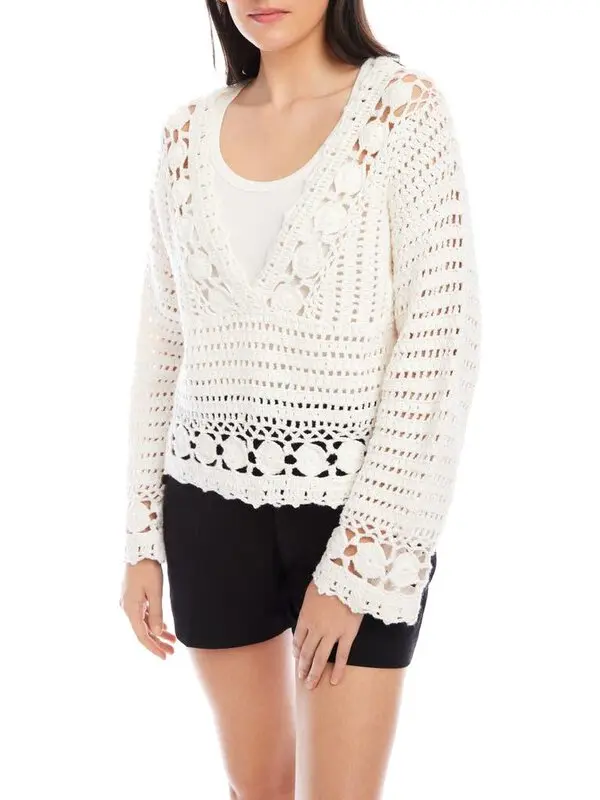 Fifteen Twenty Nila Hand Crochet V-neck Pullover Sweater - Cream