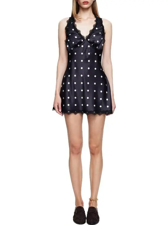 Lioness Polka Dot Lace Trim Halter Minidress - Noir Polka