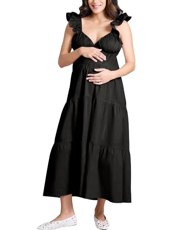 Motherhood Maternity Ruffle Sleeve Tie-back Maternity Maxi Dress - Black