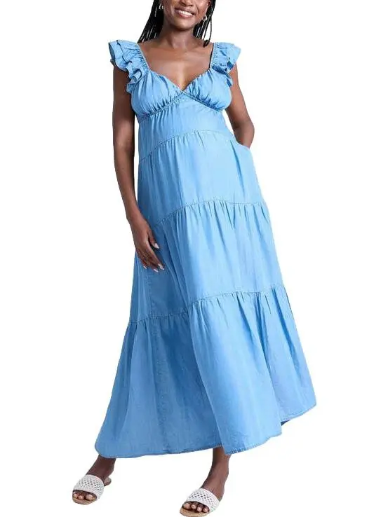 Motherhood Maternity Ruffle Sleeve Tie-back Maternity Maxi Dress - Chambray