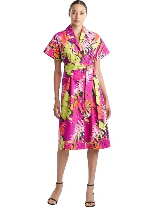 Natori Palm Cotton Poplin Shirt Dress - Fuchsia