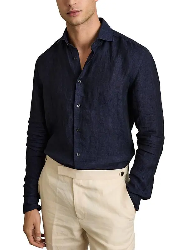 REISS Linen Slim Fit Shirt - Navy