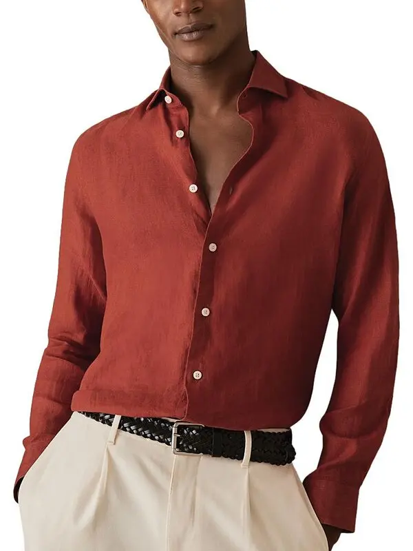 REISS Linen Slim Fit Shirt - Paprika Red