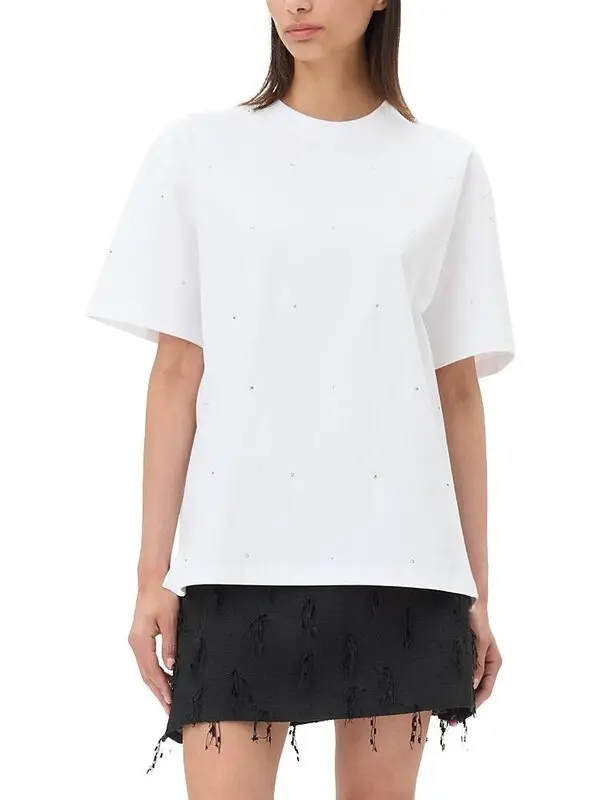 GANNI Drop Shoulder Rhinestone Tee - Bright White